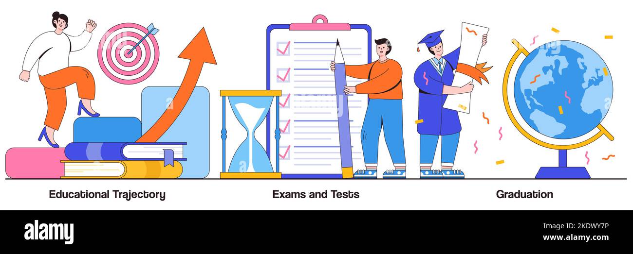 Educational trajectory, exams and tests, graduation concept with tiny ...