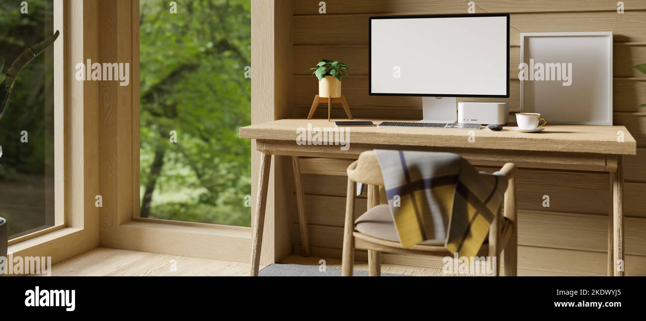 Comfy wooden workspace with blank screen PC desktop computer on wooden ...