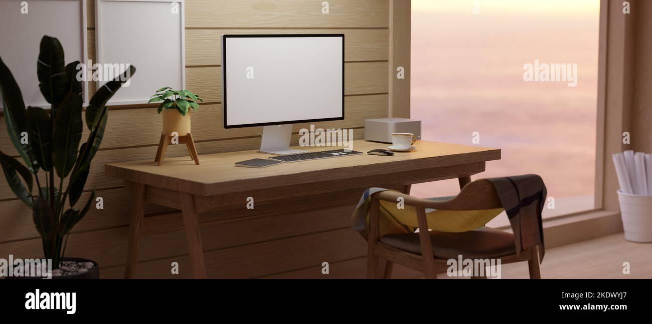 Comfy wooden workspace with blank screen PC desktop computer on wooden ...