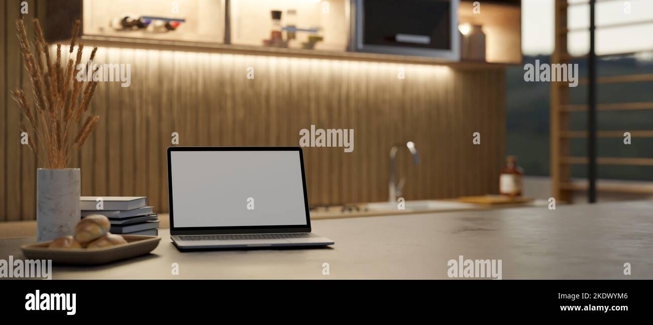 Mock up blank screen laptop computer on the table with copy space with ...