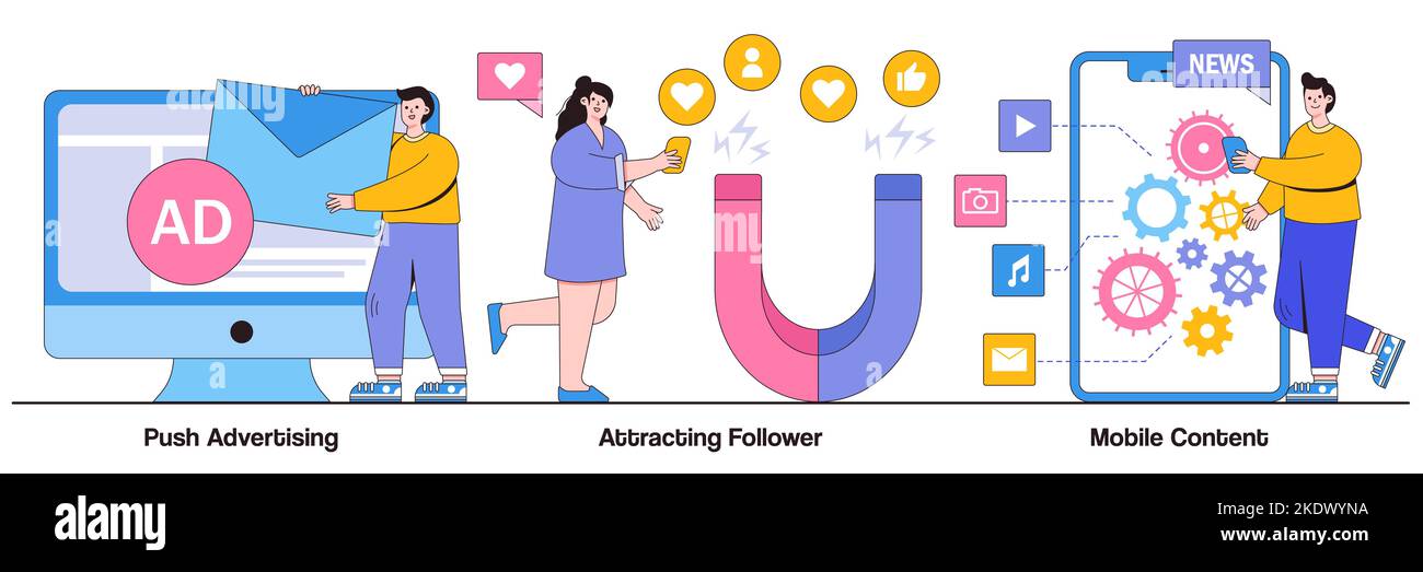 Push advertising, attracting follower, mobile content concept with ...