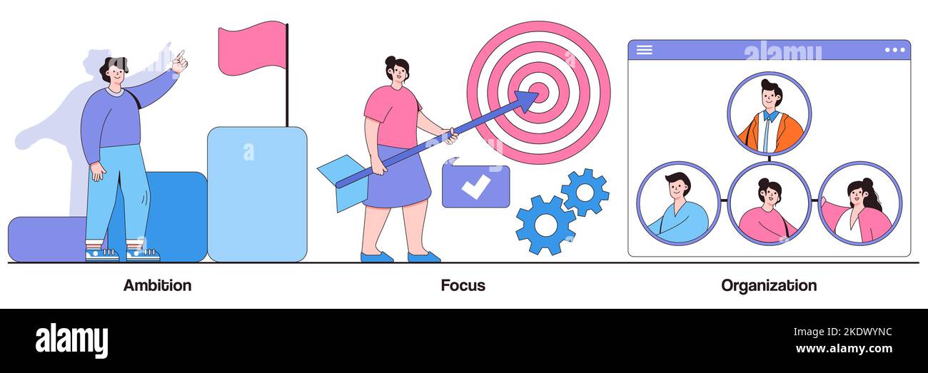 Ambition, focus, organization concept with people character. Business ...
