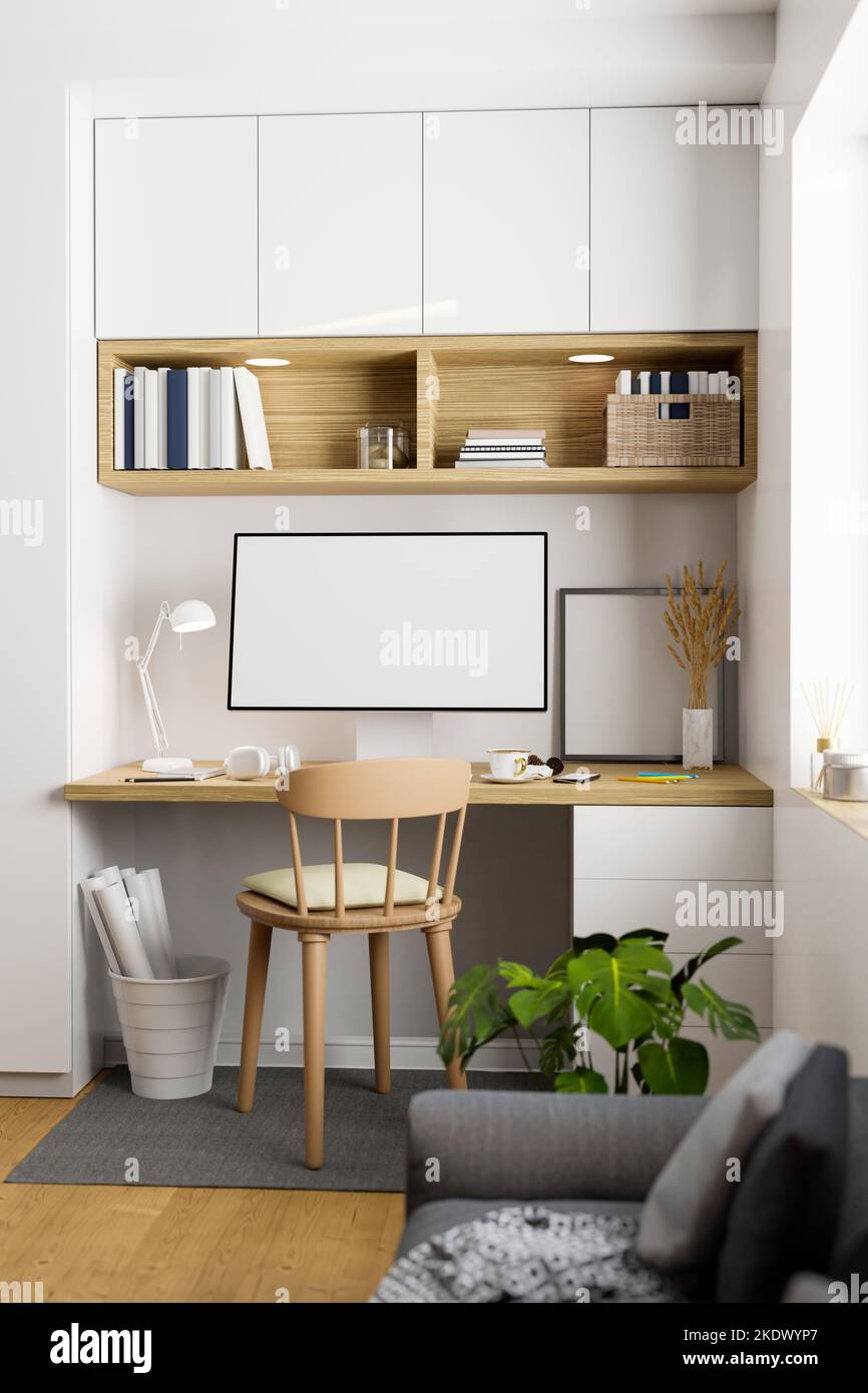Minimal nordic Scandinavian working space interior with PC desktop ...
