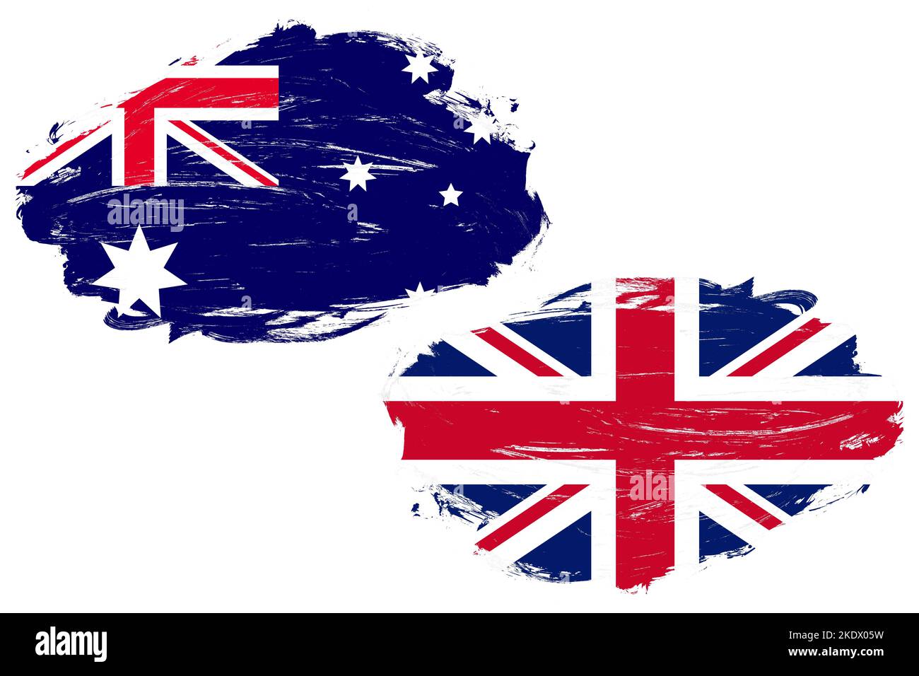 Australia and united kingdom flag together on a white stroke brush ...