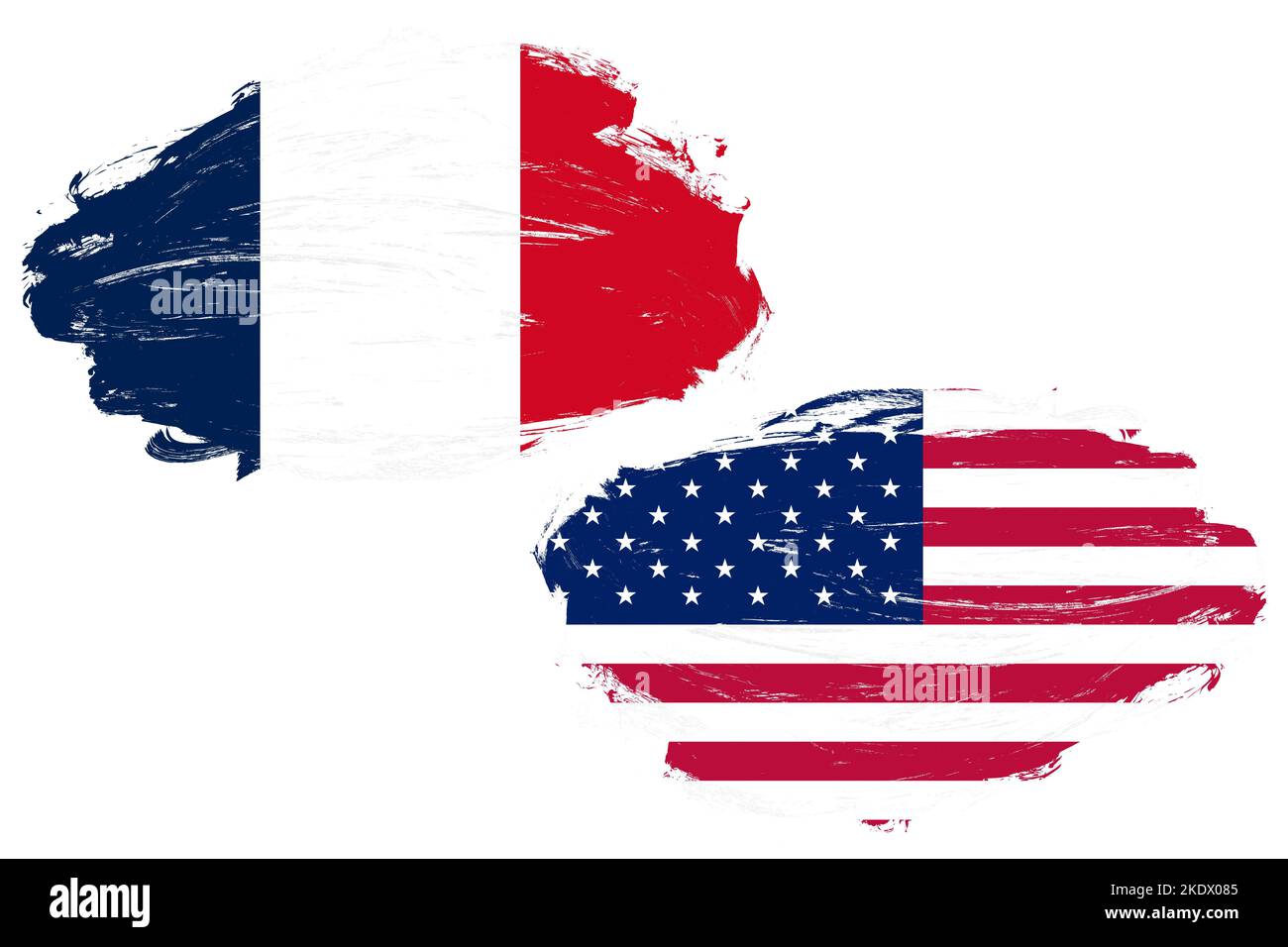 France and united states flag together on a white stroke brush ...