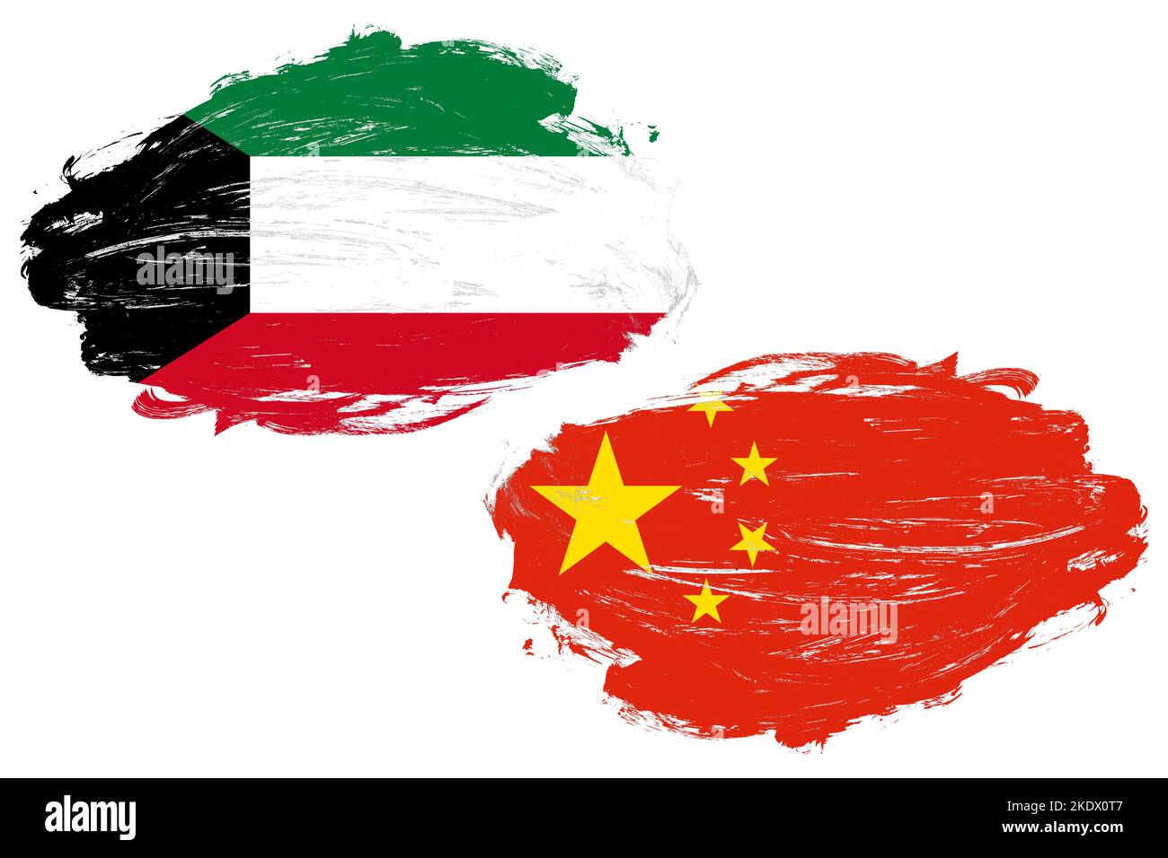 Kuwait and china flag together on a white stroke brush background Stock ...