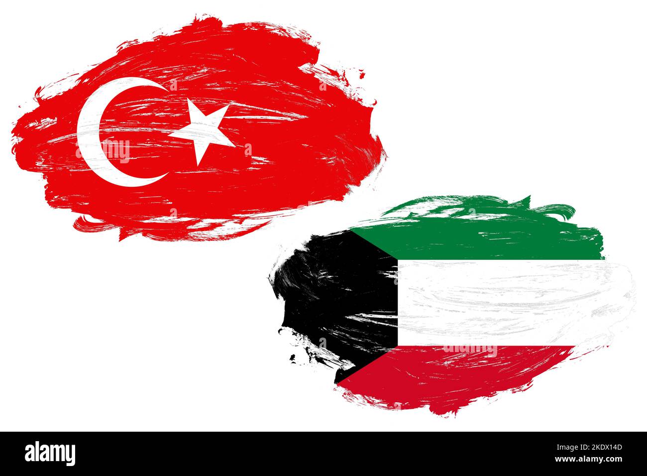 Kuwait and turkey flag together on a white stroke brush background ...
