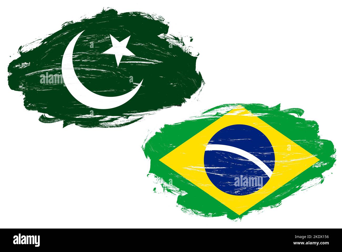 Pakistan and brazil flag together on a white stroke brush background ...