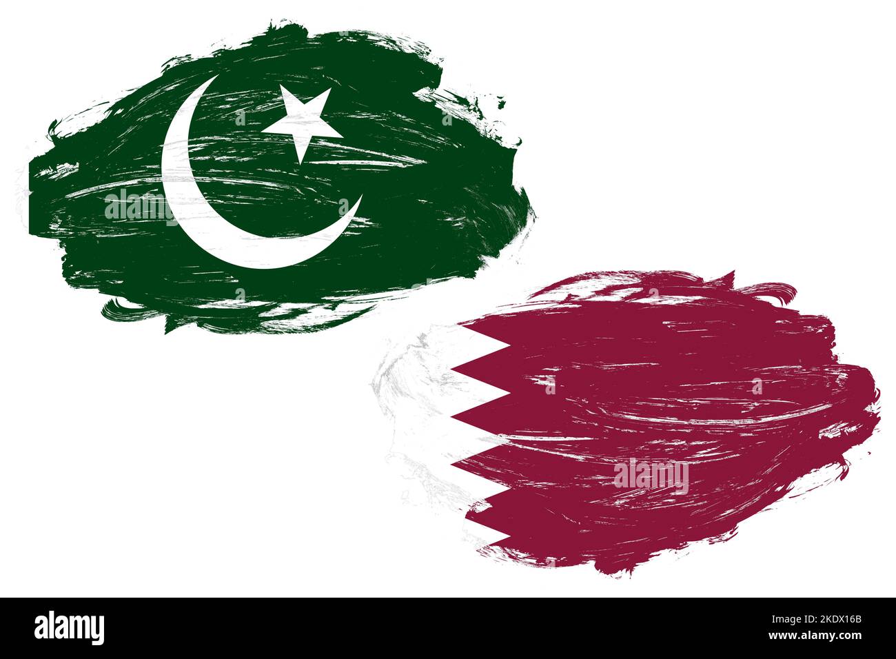 Pakistan and qatar flag together on a white stroke brush background ...
