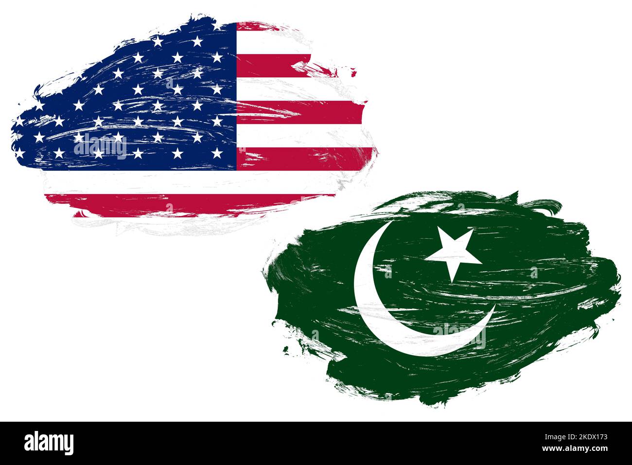 Pakistan and united states flag together on a white stroke brush ...