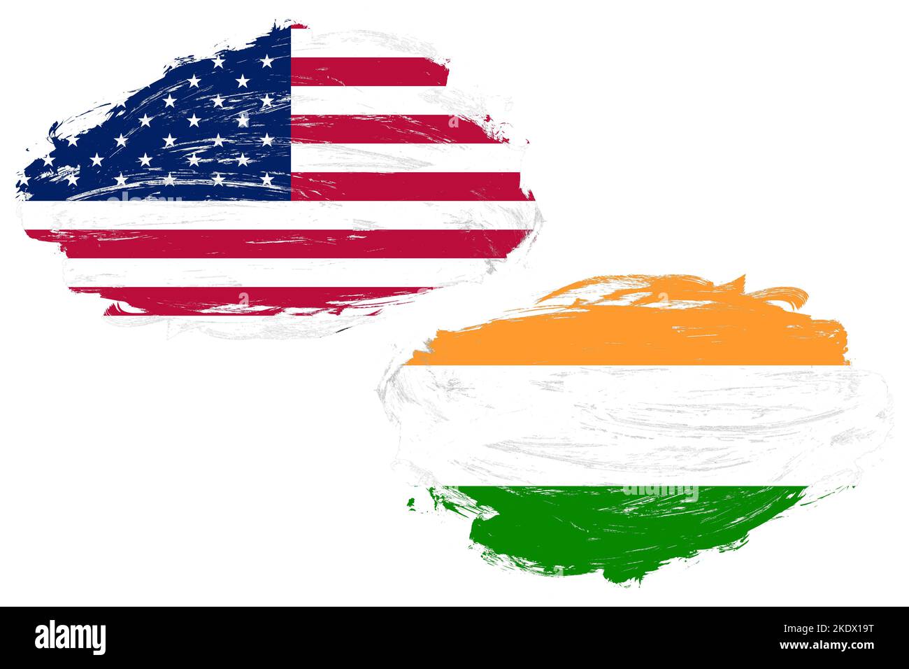 United states and india flag together on a white stroke brush ...
