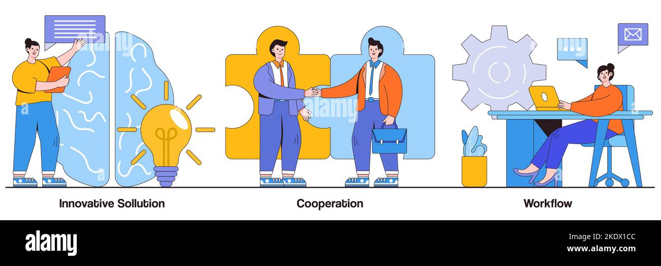Innovative solution, cooperation, workflow concept with tiny people. Effective work abstract ...