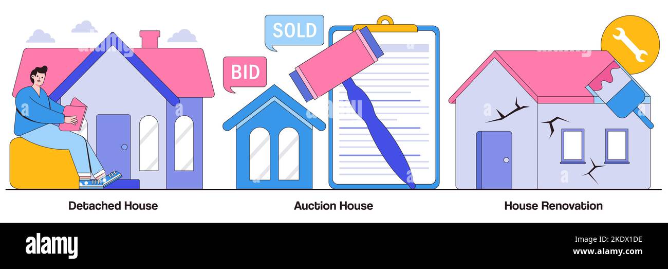 Detached and auction house, house renovation concept with tiny people ...