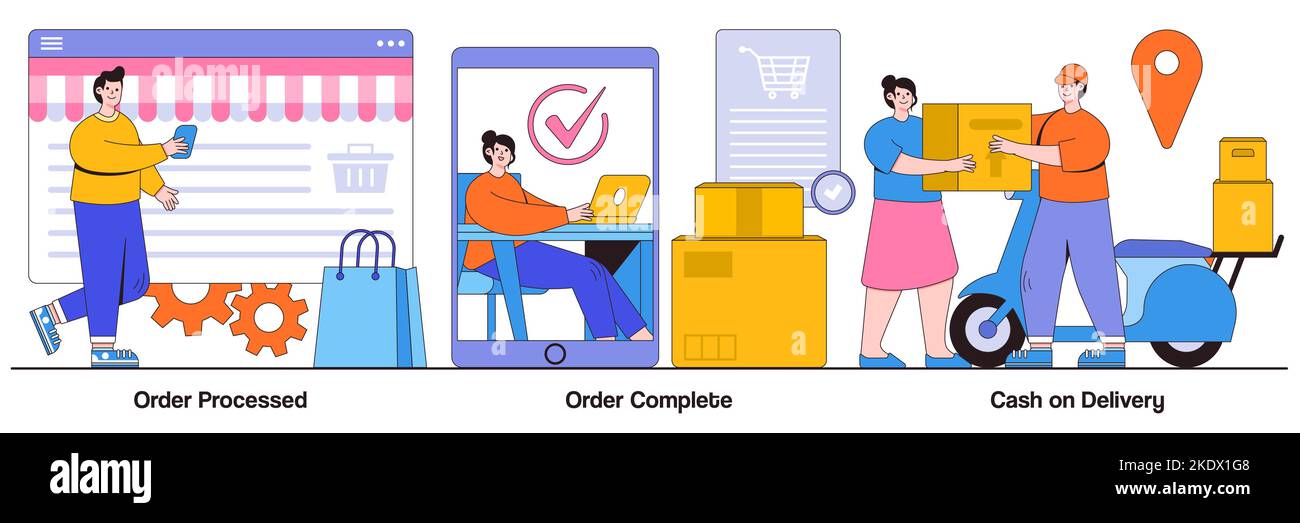 Order processed, order complete, cash on delivery concept with tiny ...