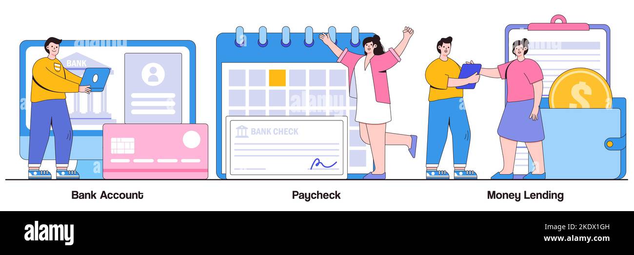 Bank account, paycheck, money lending concept with tiny people. Money ...