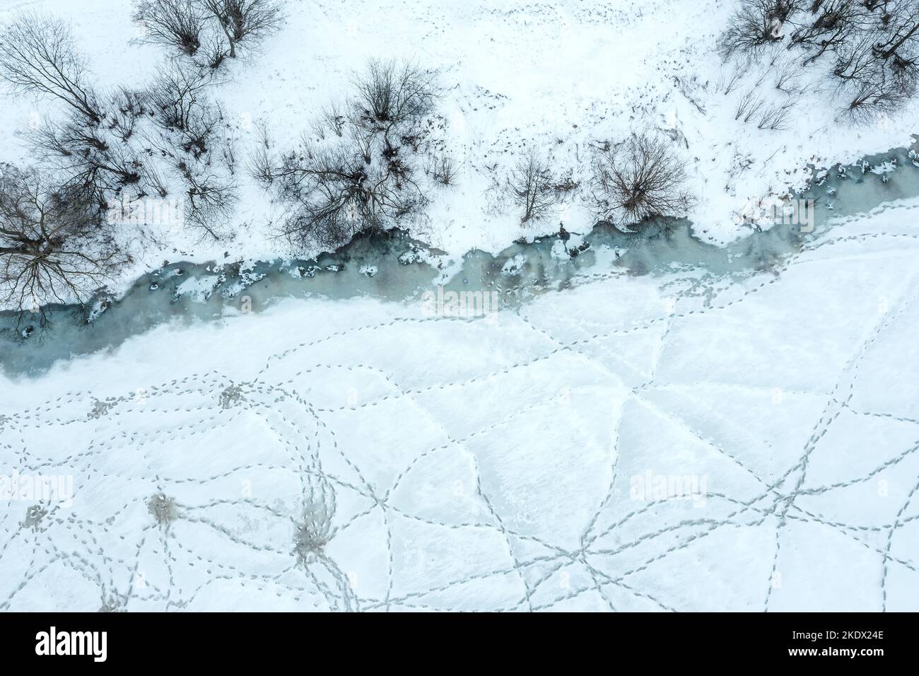 snow-covered lakeshore and ice with footprints of fishermen. cold ...