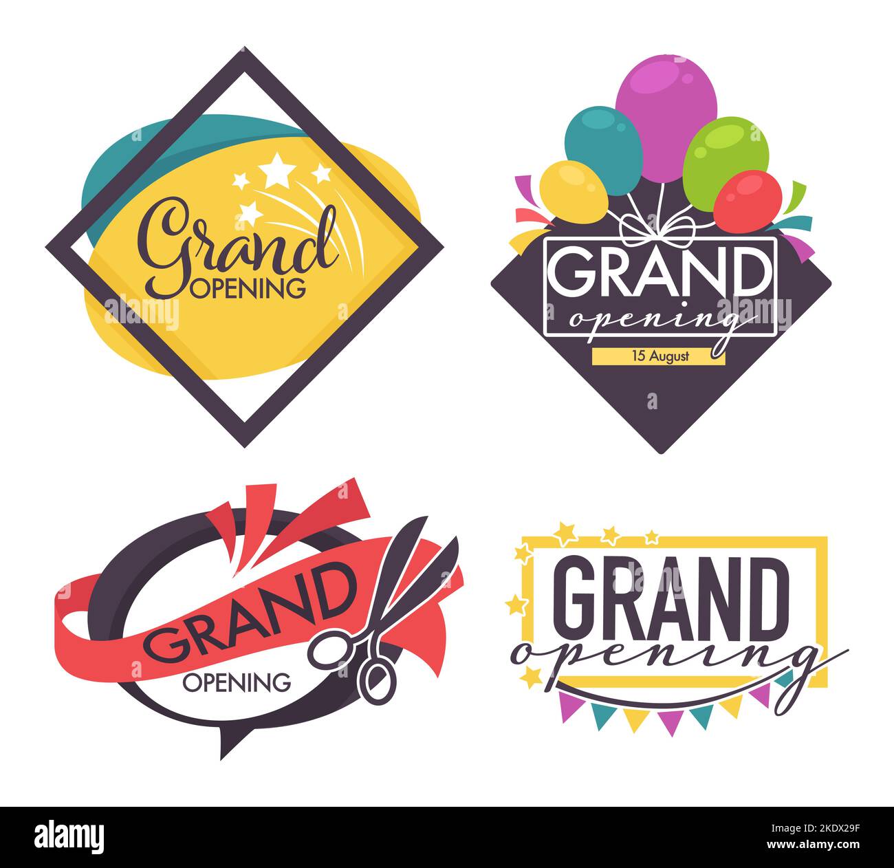 Ribbon and scissors balloons and confetti grand opening isolated icons ...