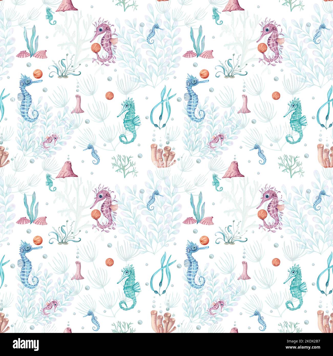 Watercolor underwater seamless pattern of seahorse, laminaria, coral ...