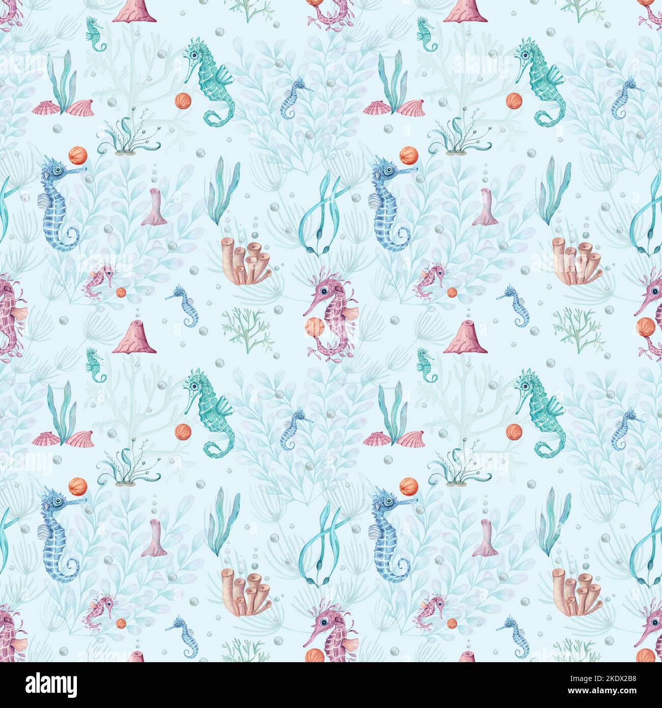 Watercolor underwater seamless pattern of seahorse, laminaria, coral ...
