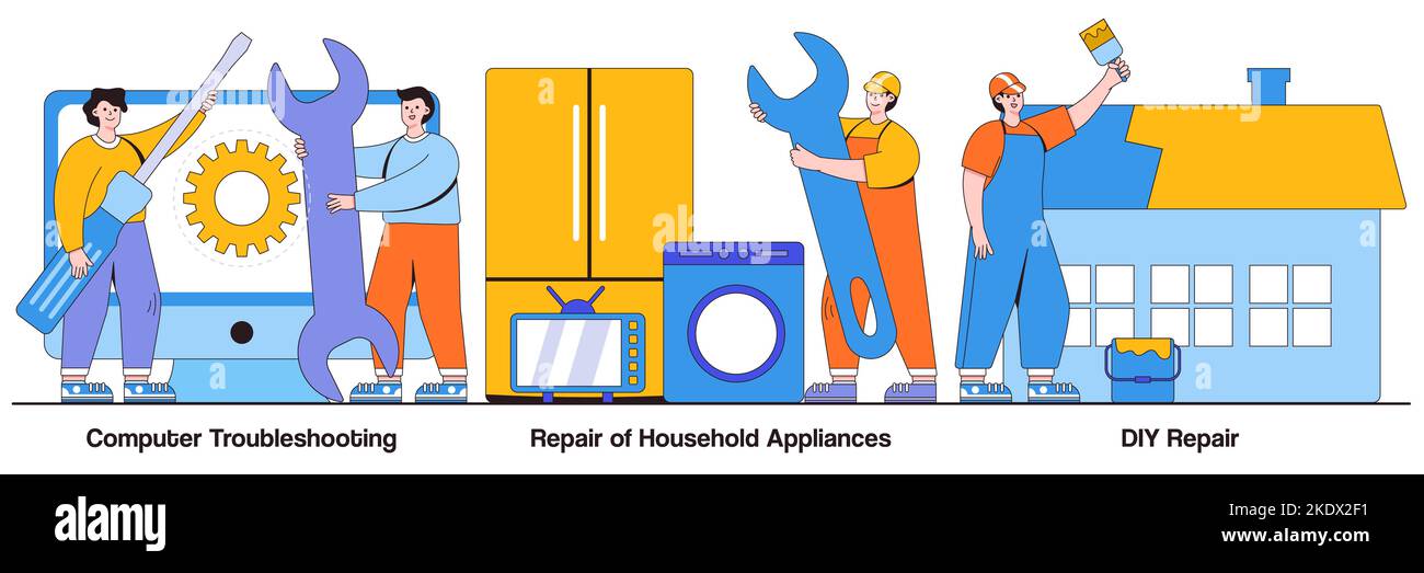 Computer troubleshooting, DIY repair of household appliances concept with people character ...