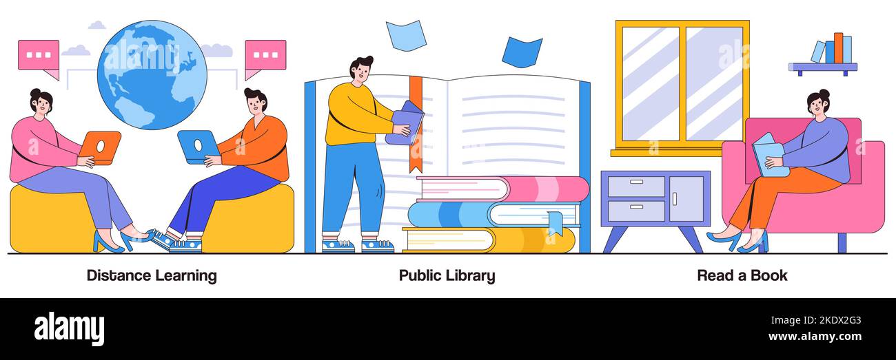 Distance learning, public library, read a book concept with people ...