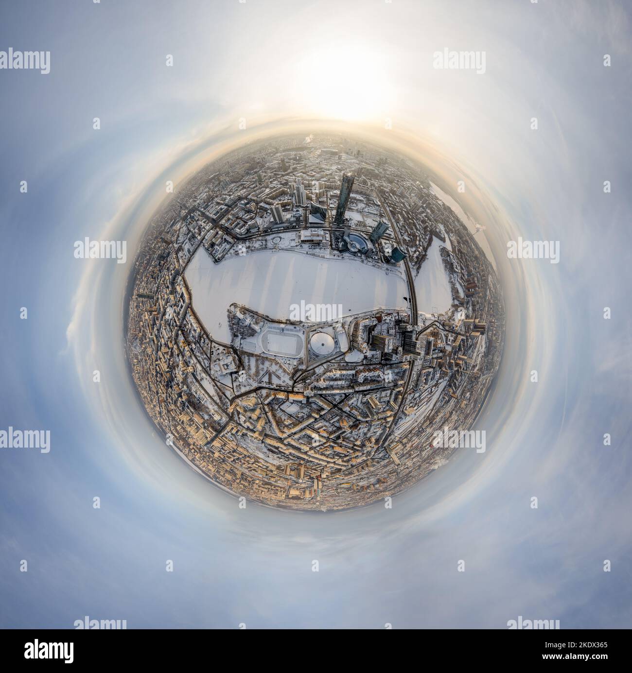 Aerial winter city view, Little planet sphere mode. Yekaterinburg city ...