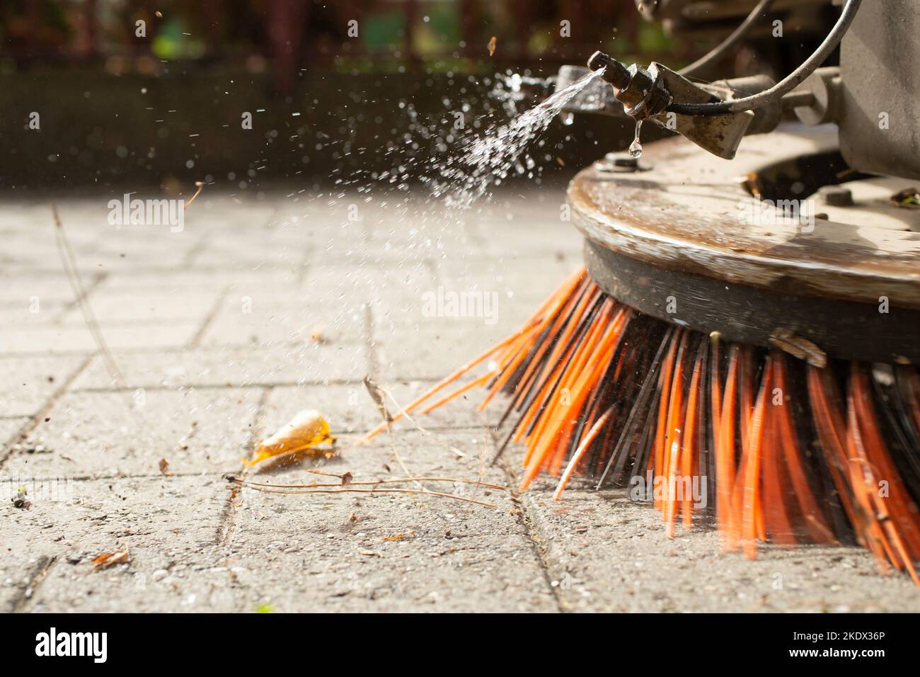 Round orange brush of a street sweeper , cleaning autumn leaves,close ...