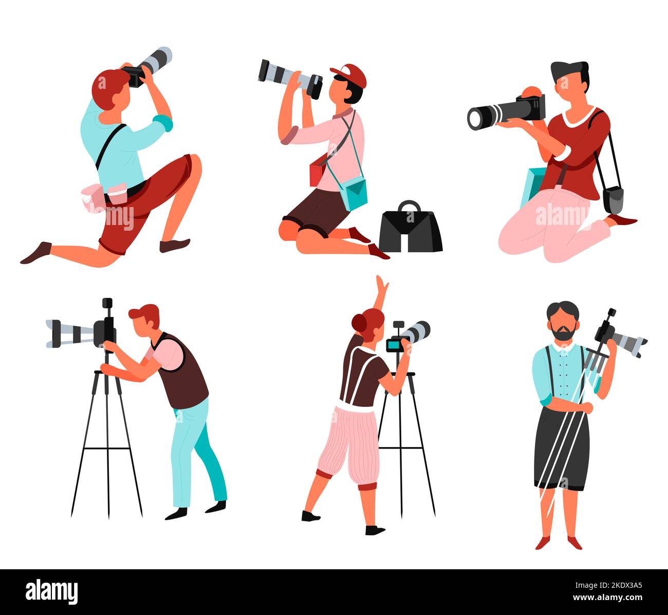 Photo camera and photographers men and women with isolated male and ...