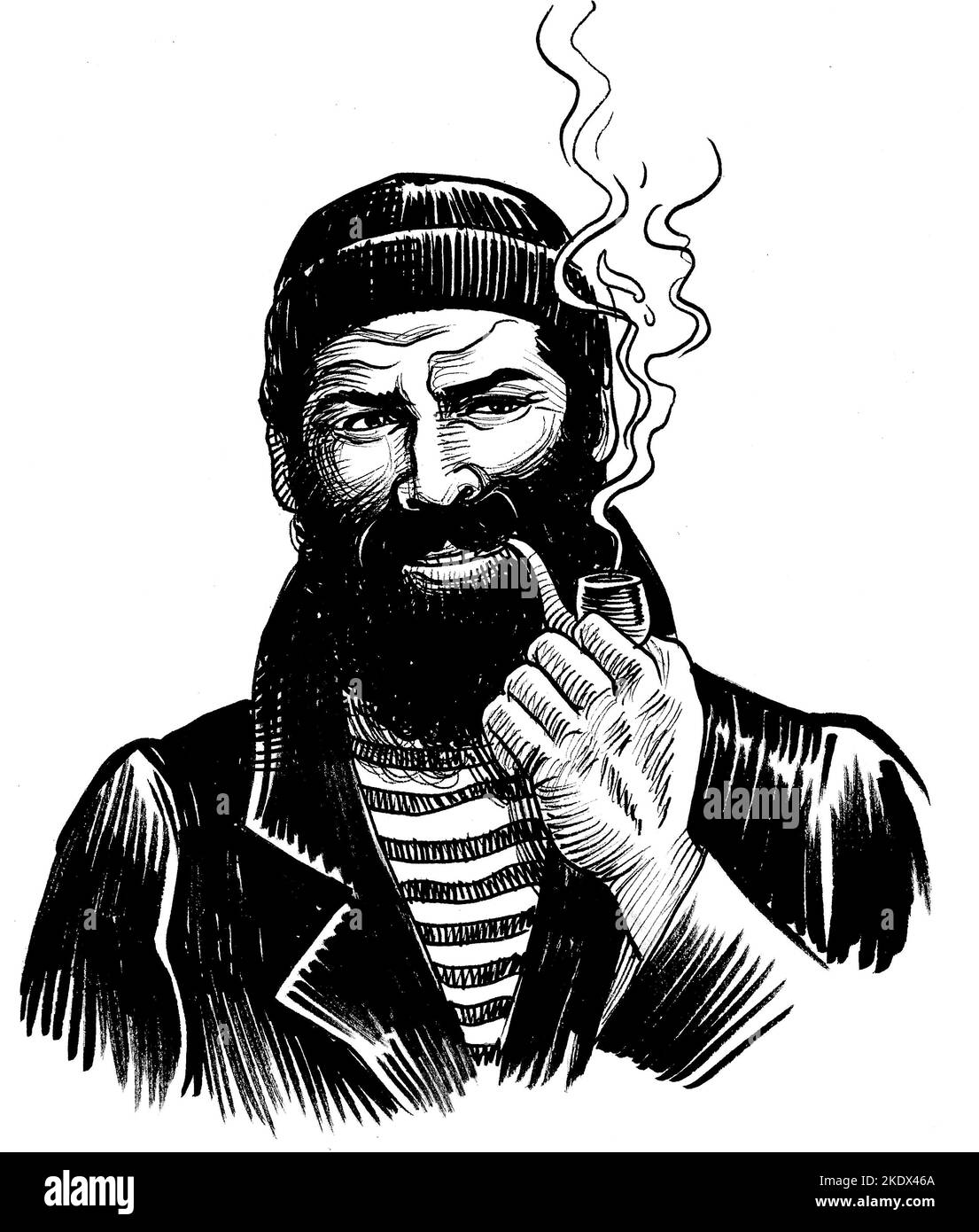 Sea captain with a smoking pipe. Ink black and white drawing Stock ...