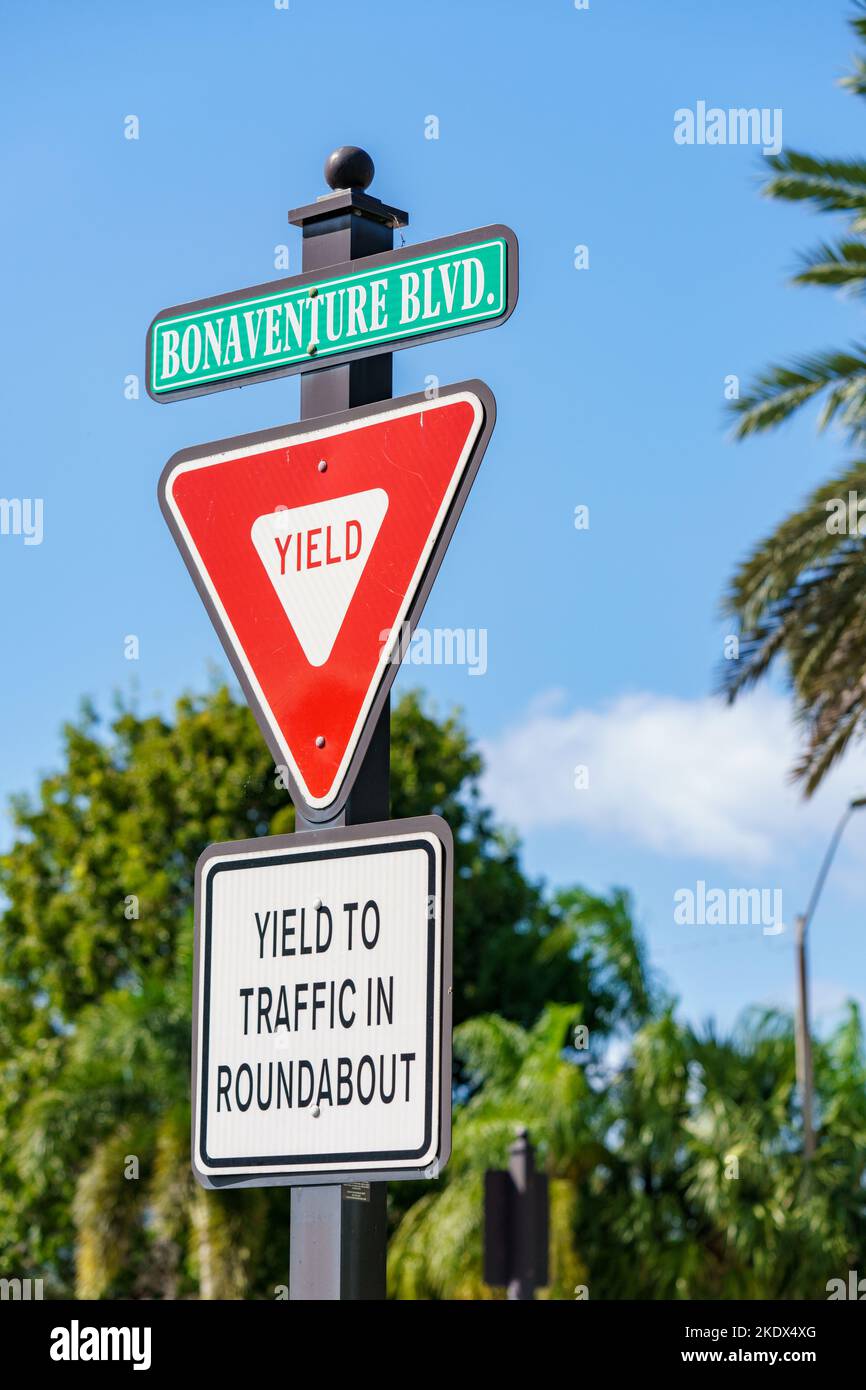 Yield sign at a traffic circle roundabout Bonaventure Blvd Weston FL ...