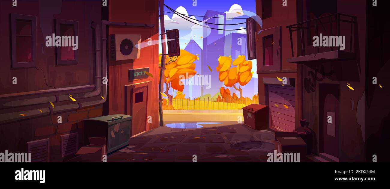 Empty back alley with view to autumn city street landscape. Cityscape ...