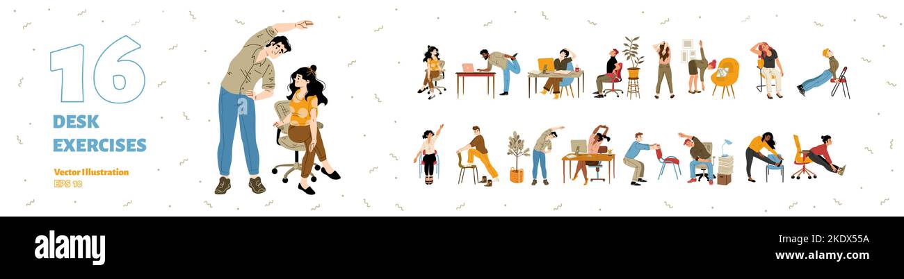 Set of office employees exercising, flat vector illustration isolated ...