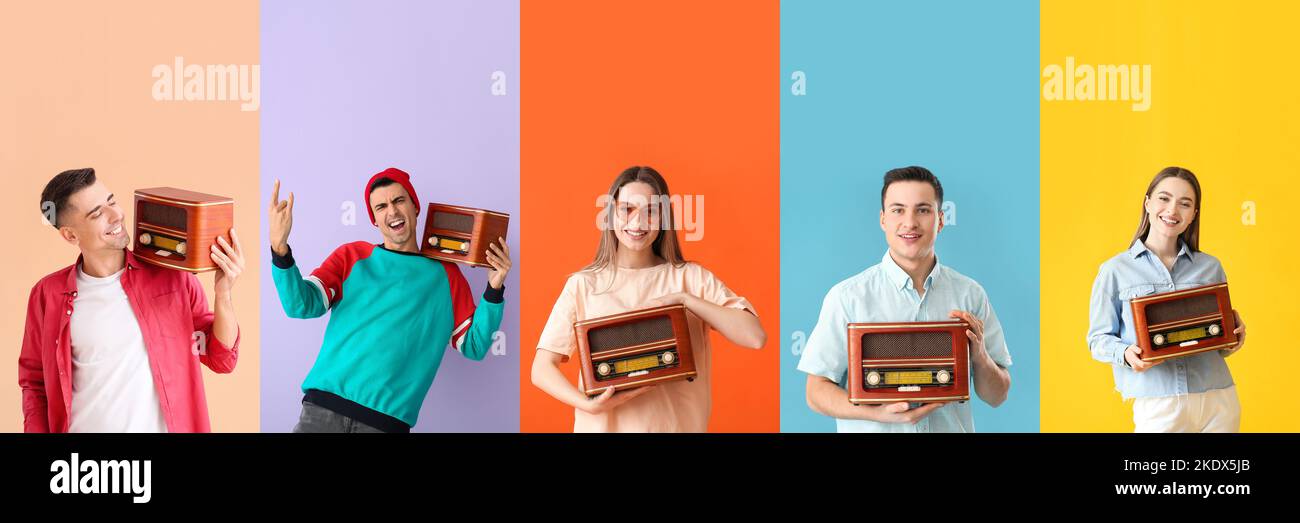 Collage of young people with retro radio receivers on color background ...