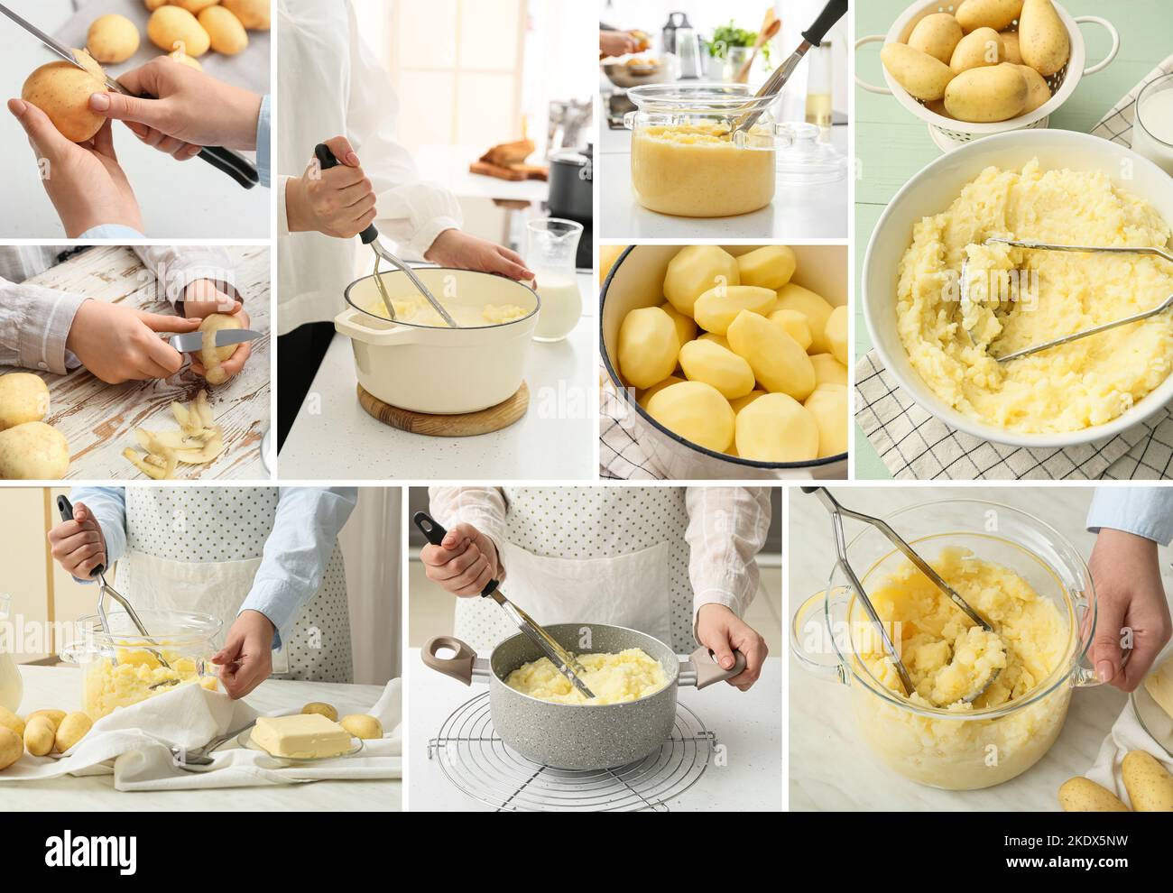 Collage with process of preparing tasty mashed potato in kitchen Stock ...