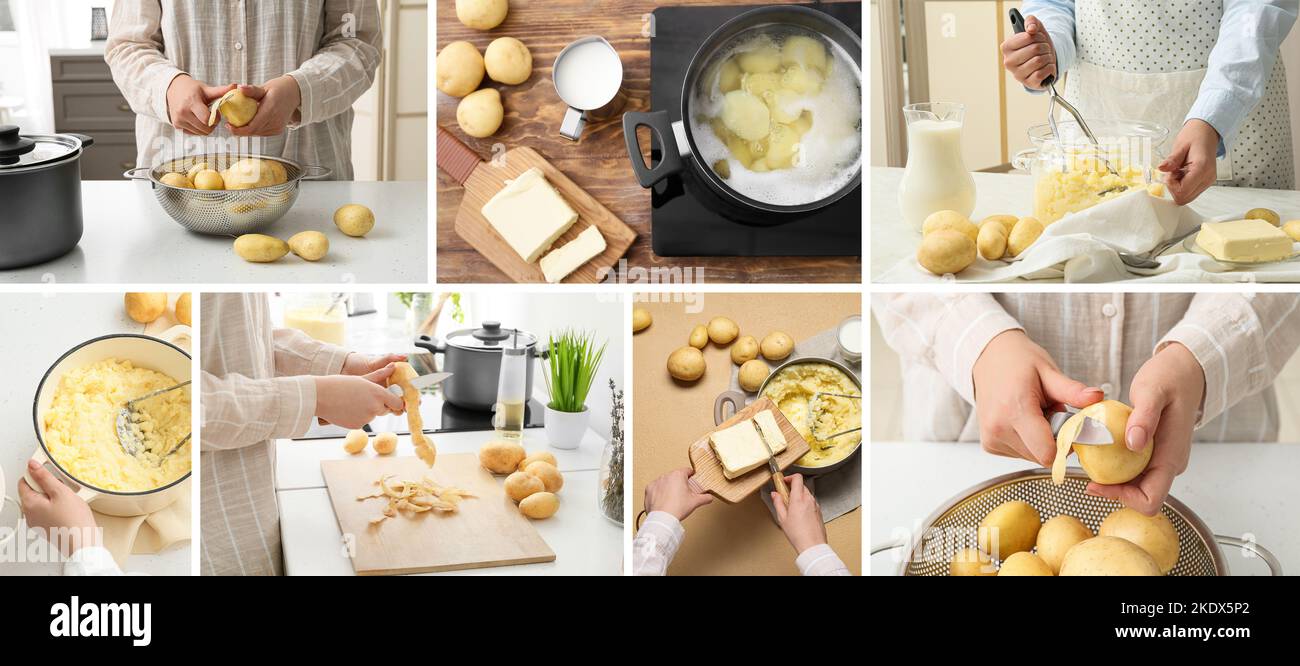 Collage with process of making tasty mashed potato in kitchen Stock ...