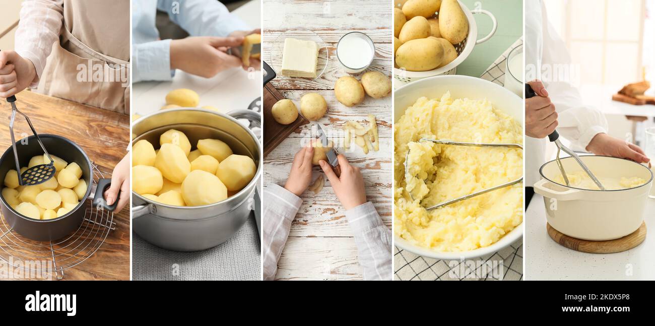 Collage with process of cooking tasty mashed potato in kitchen Stock ...