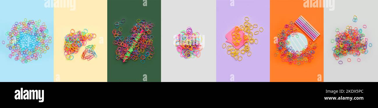 Set of colorful rubber bands and office supplies on color background ...