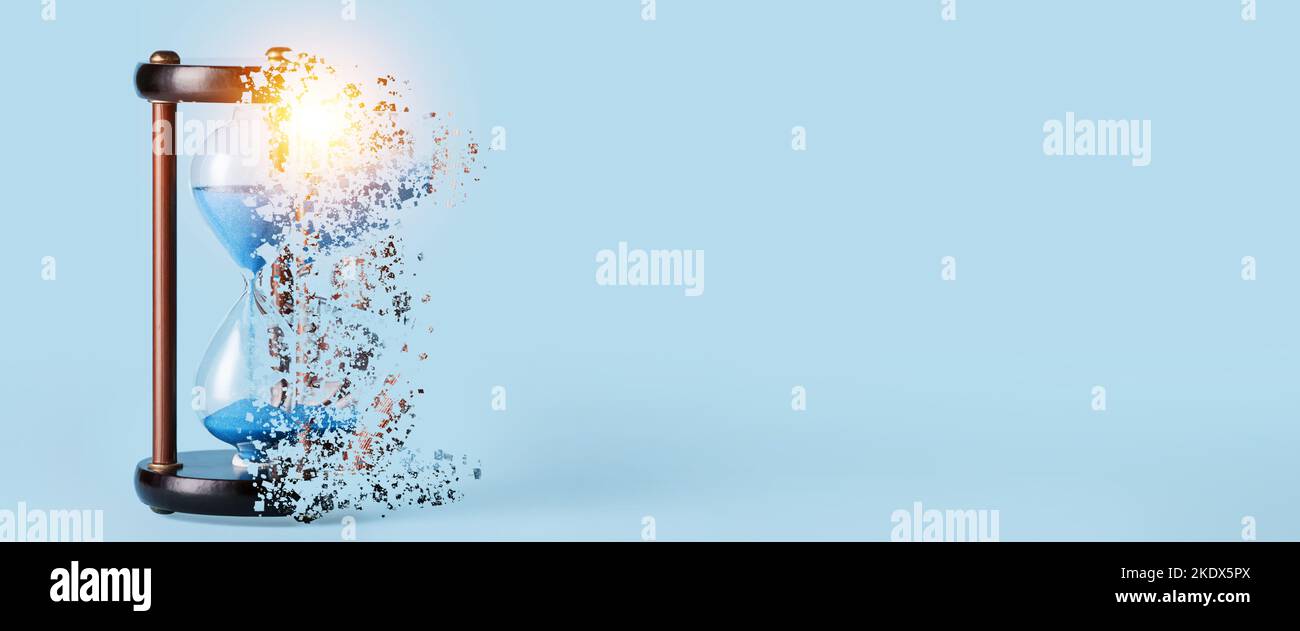 Disappearing hourglass on light blue background with space for text ...