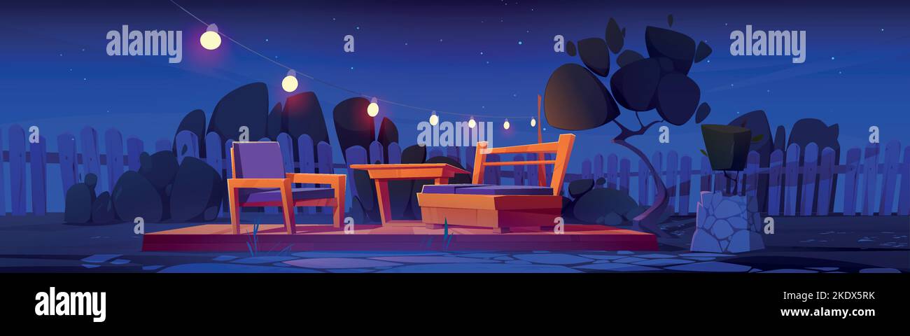 Backyard, house patio with table, chair and couch on wooden terrace ...