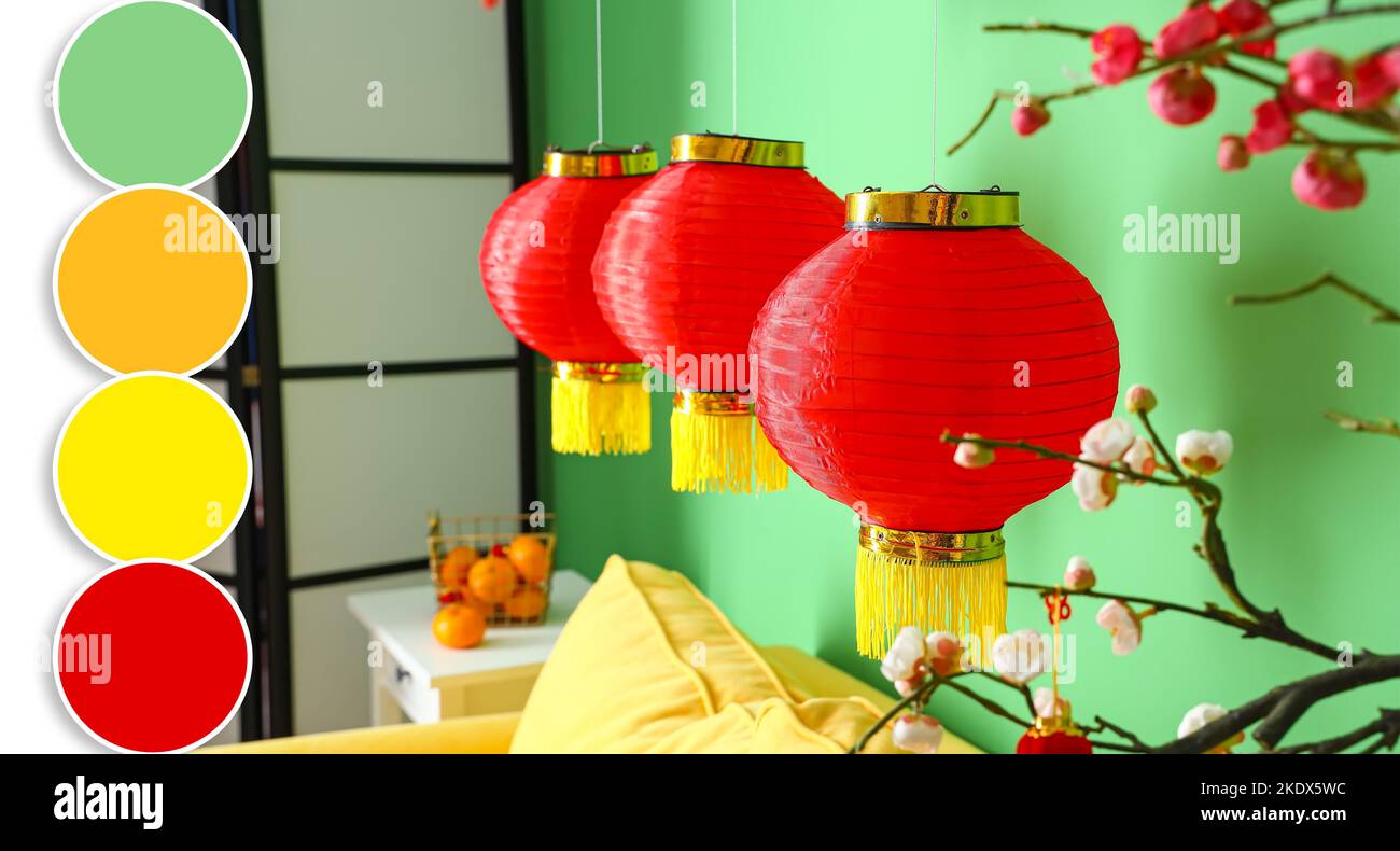 Beautiful decor for Chinese New Year celebration in interior of room ...