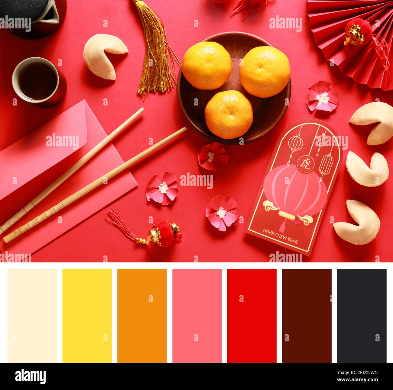 Composition with Chinese symbols on red background. Different color ...