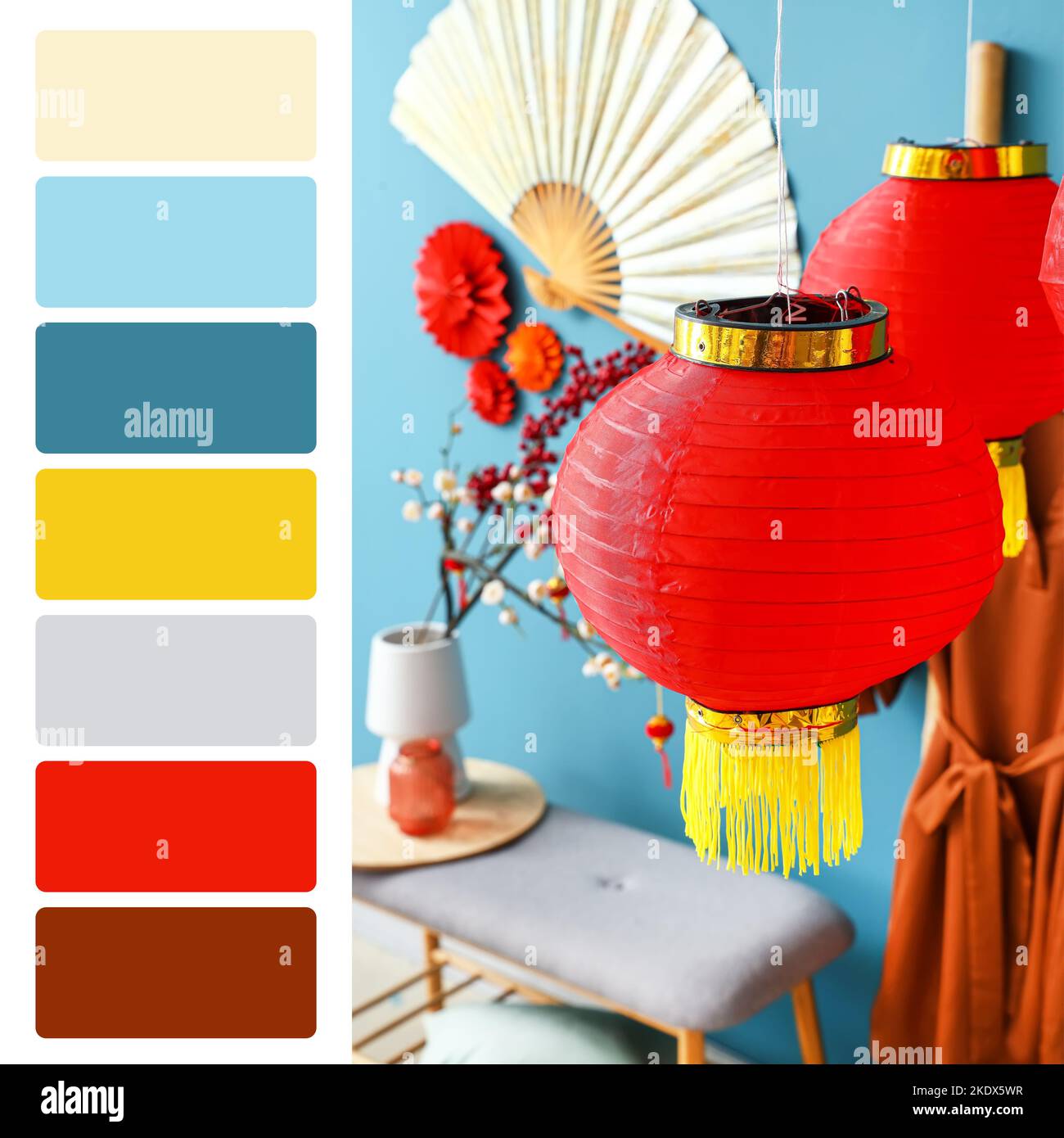 Beautiful Chinese lanterns in interior of modern room. Different color ...