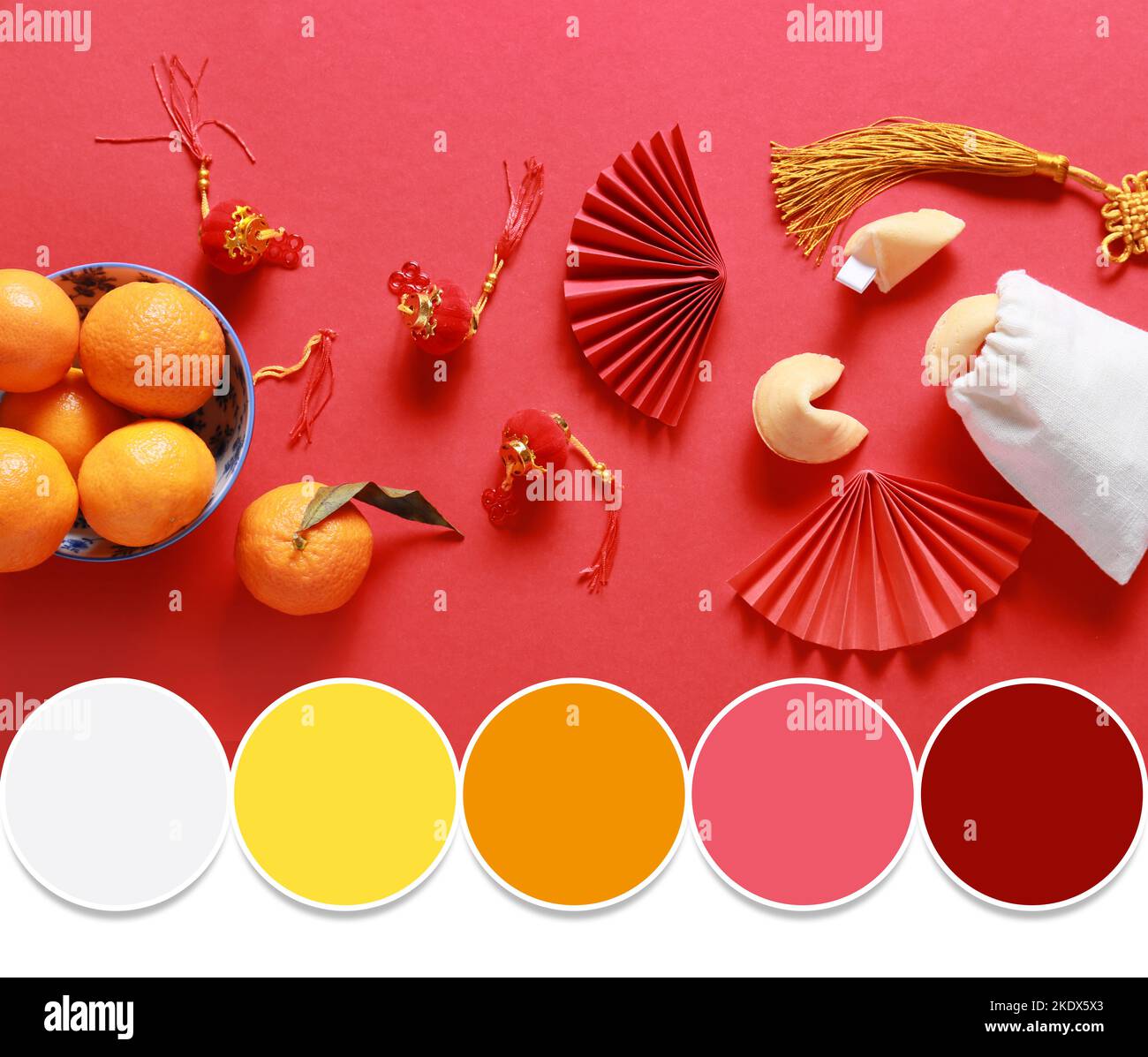 Composition with Chinese symbols on red background. Different color ...