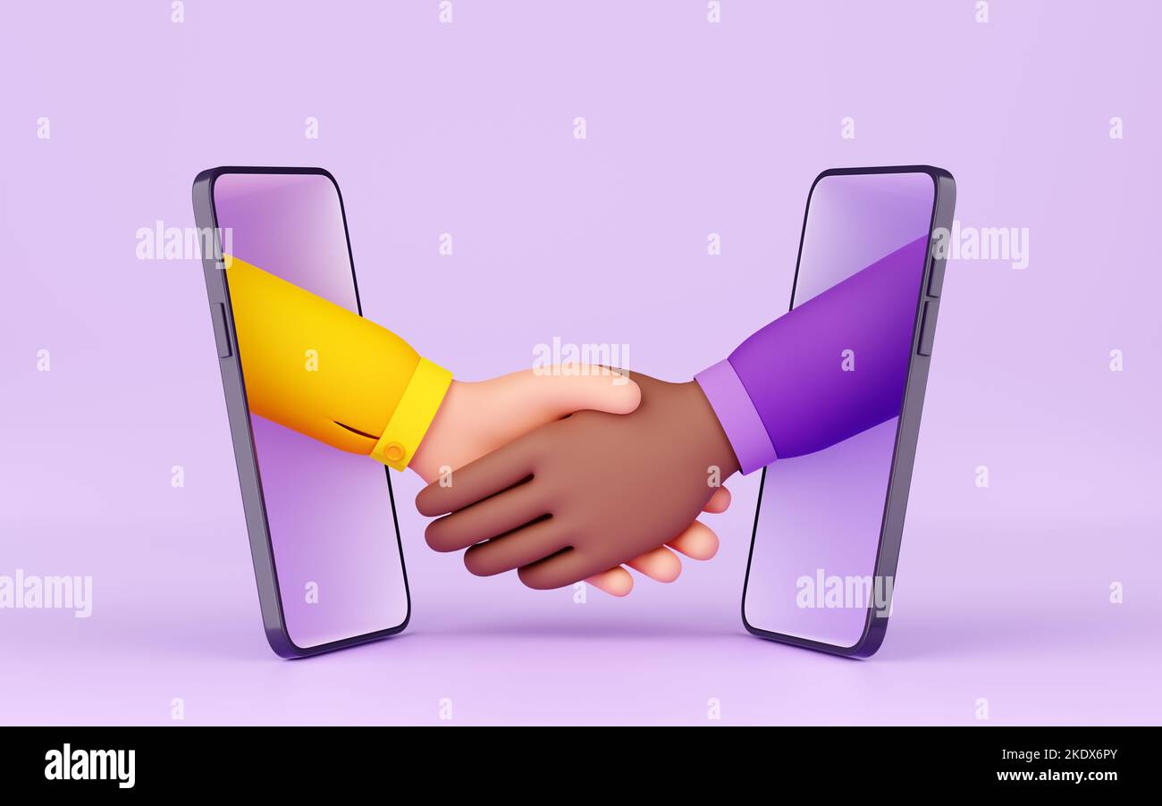 3d render handshake via smartphone screens. Black and white businessmen ...
