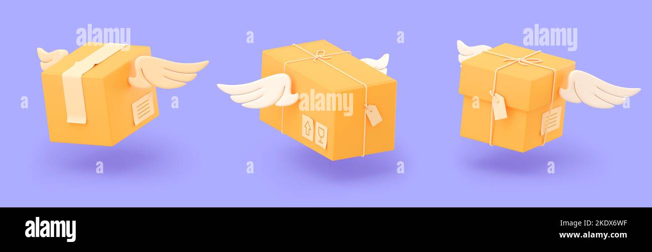 3d render delivery box with wings in flight. Brown winged cardboard ...