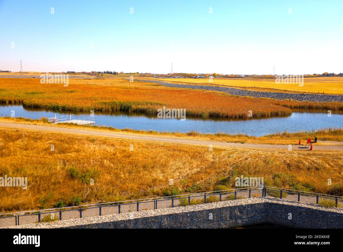 Pedestrian bridge perspective in the Canadian wetlands in autumn Stock ...
