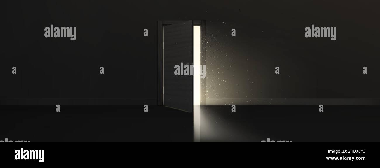 Door opening with glow, discovery, opportunity, exit concept with light ...