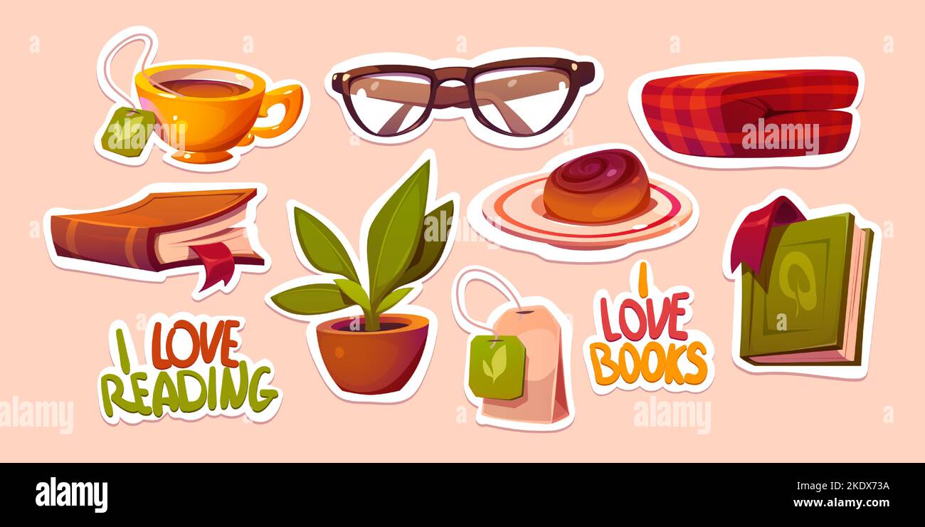 Love reading stickers pack, book, glasses, tea bag and cup, dessert on ...