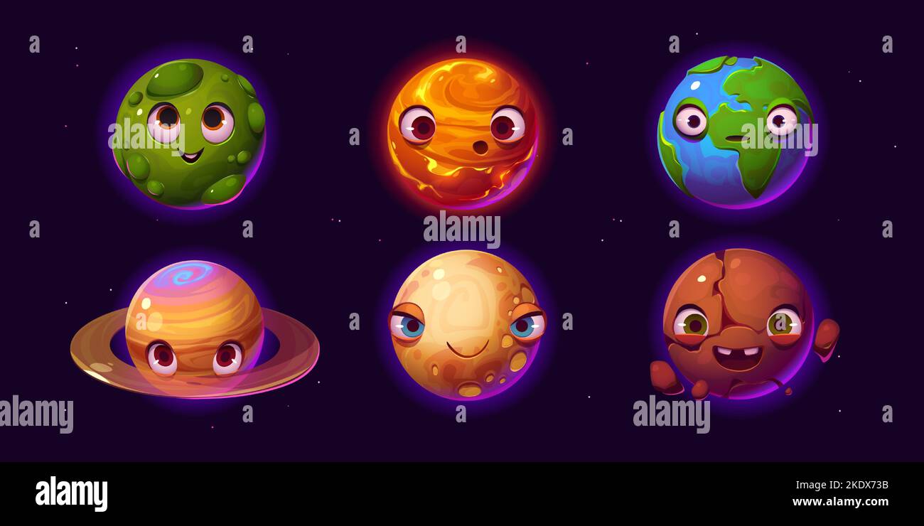 Earth, planets and asteroid characters with different emotions. Cute ...