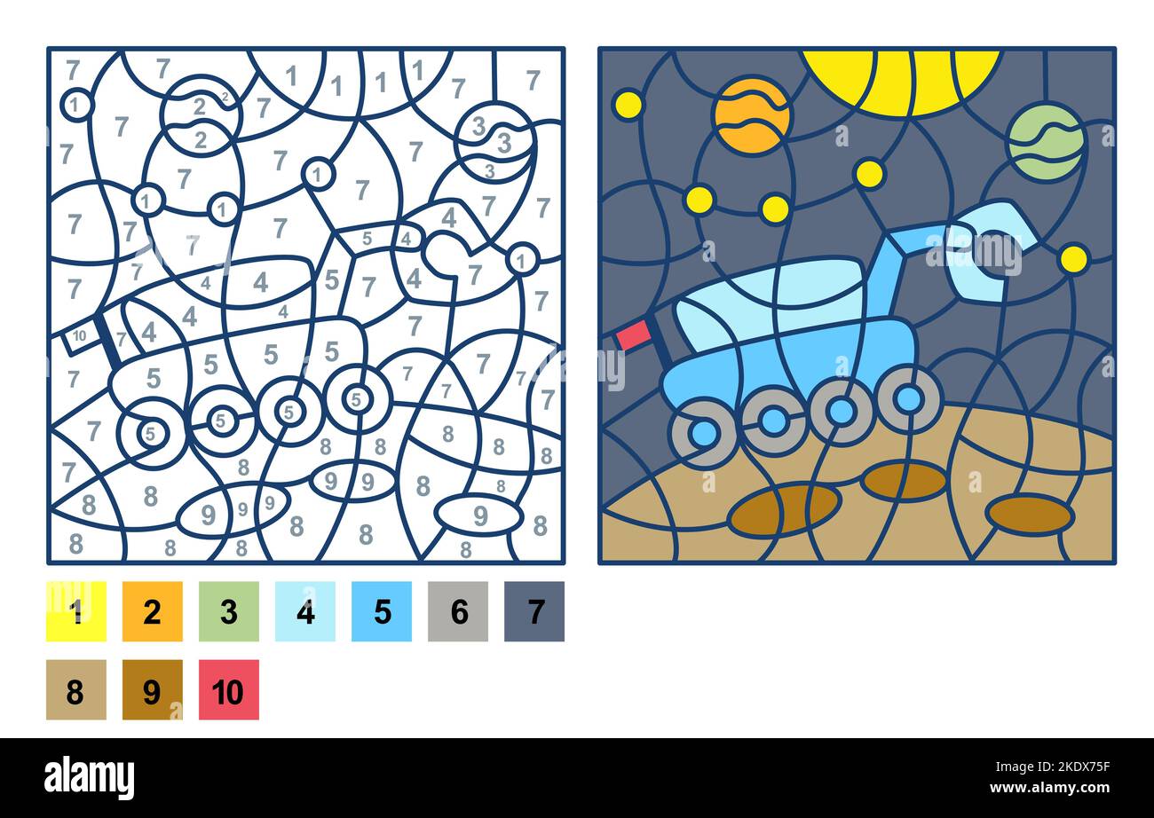 Vector coloring book page, Puzzle game, Color by number lunar rover ...